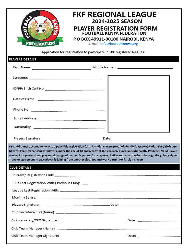 FKF Player Registration Form 2024-2025 | PDF