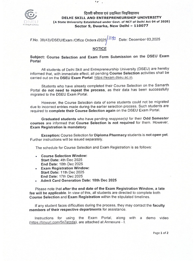 Notice - Course Selection and Exam Form | PDF