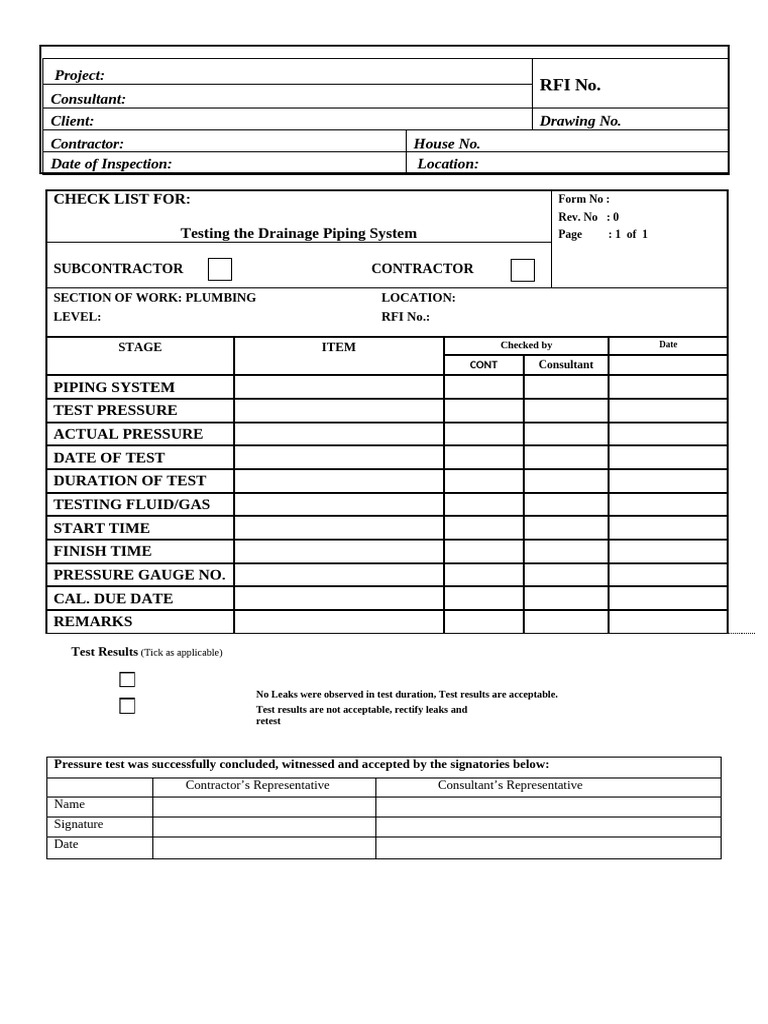 Drainage Piping System Test Checklist | PDF