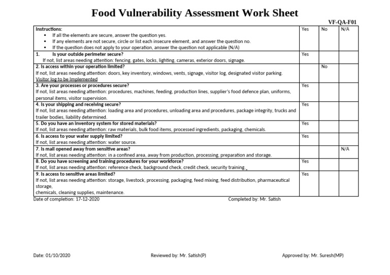 VF-QA-F01 Food Vulnerability Assessment Work Sheet | PDF