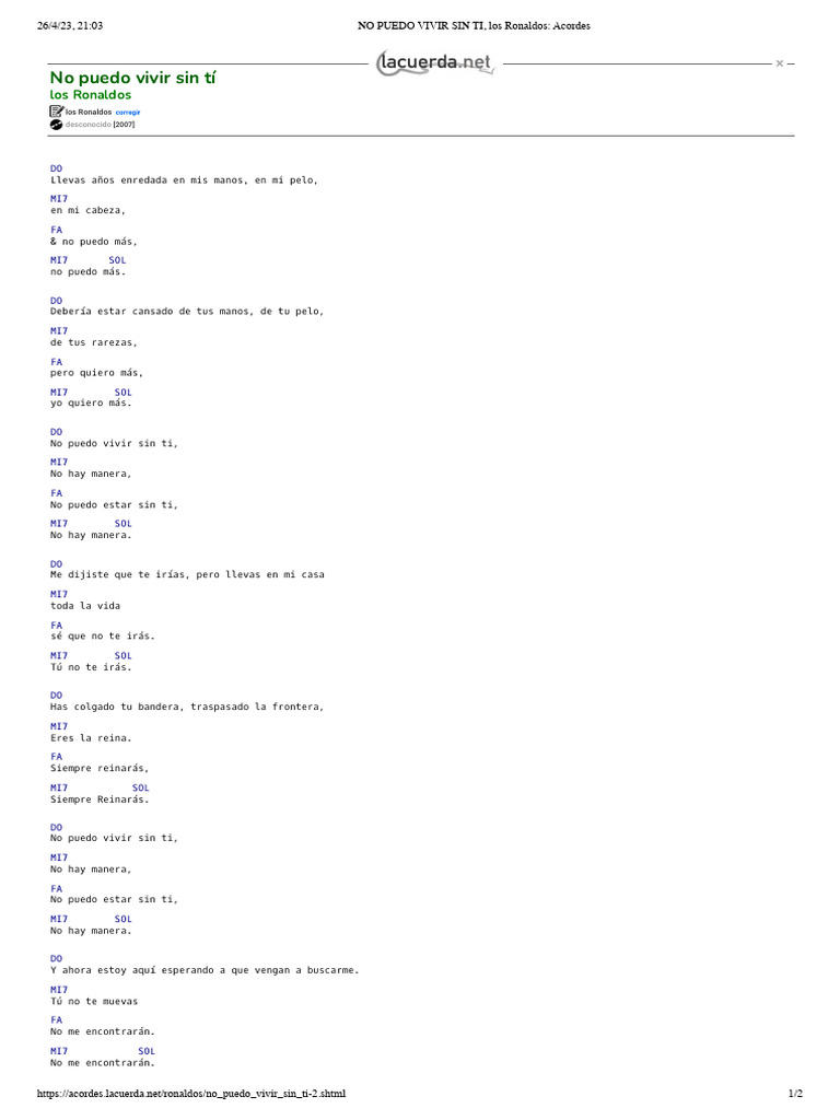 No Puedo Vivir Sin Ti, Los Ronaldos - Acordes | PDF