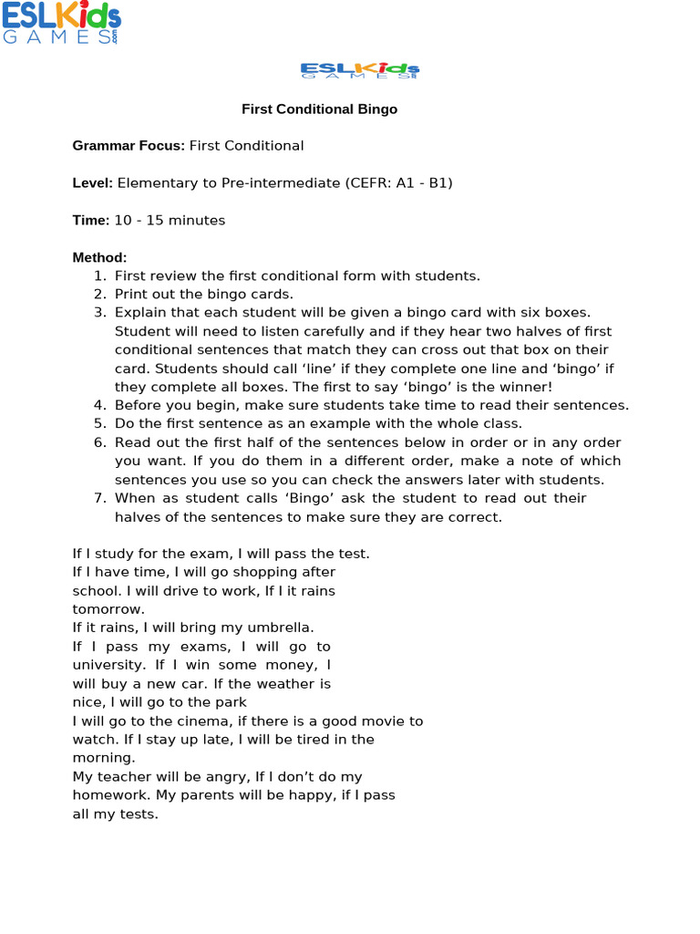 ESL First Conditional Bingo | PDF