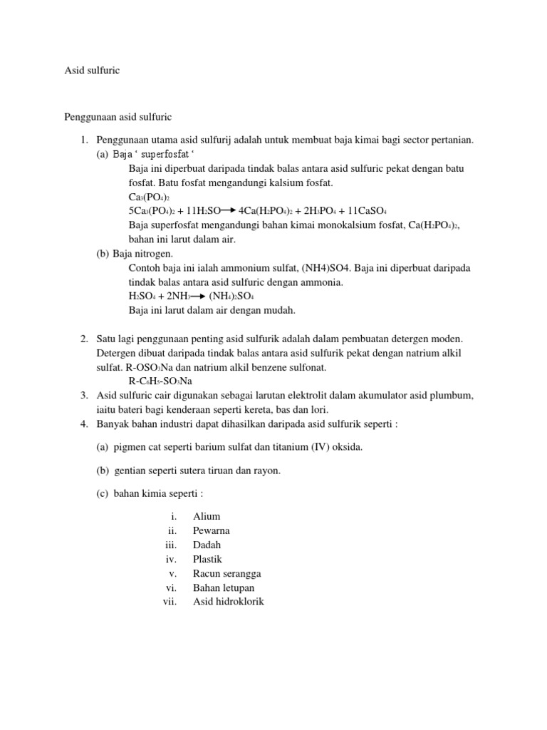 Penggunaan dan Penghasilan Asid Sulfurik | PDF