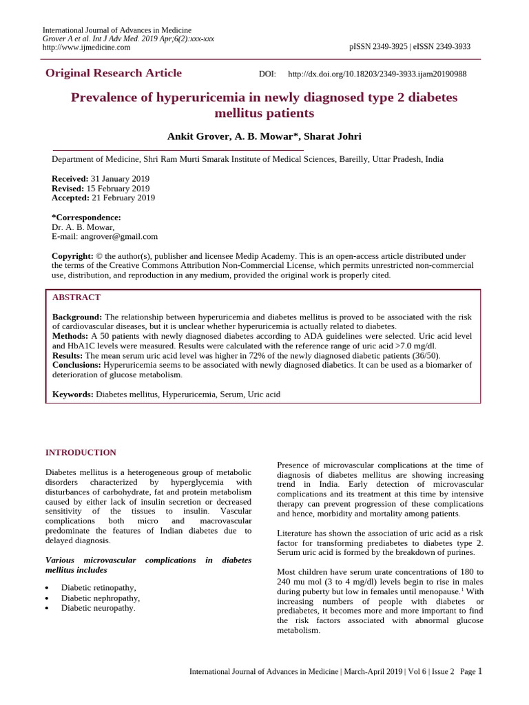 Hyperuricemia in Newly Diagnosed Diabetes | PDF | Diabetes | Prediabetes