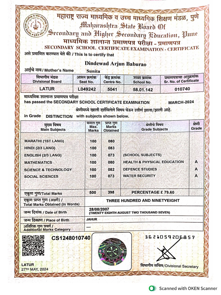 Class X Marksheet. | PDF