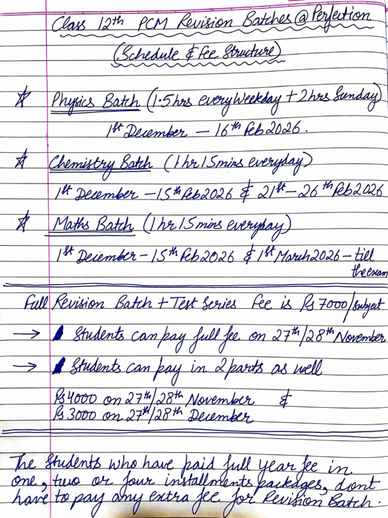 12th Revision Batches at Perfection Institute | PDF
