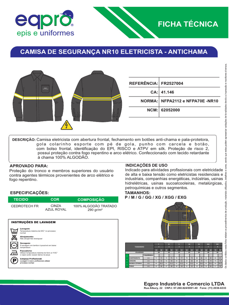 EQPRO Ficha Técnica Camisa NR10 CA 41146 FR2527004 | PDF | Engenharia ...