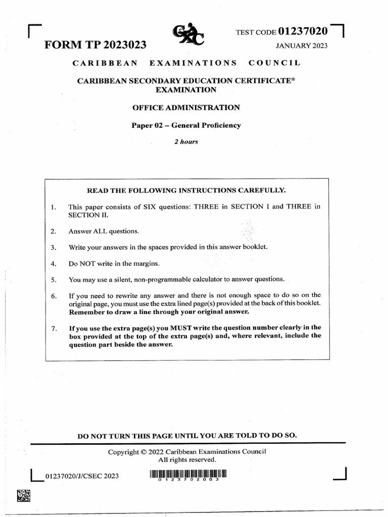 CSEC Office Administration January 2023 P2 | PDF