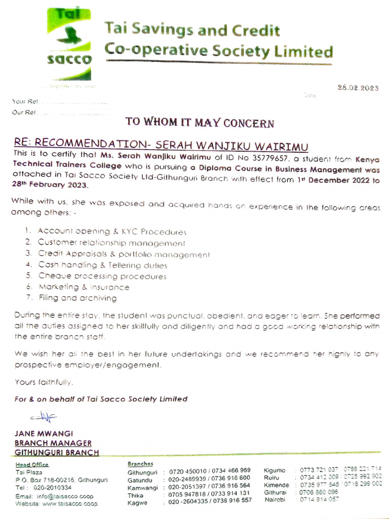 Recommendation for Serah Wanjiku Wairimu | PDF | Economies | Business ...