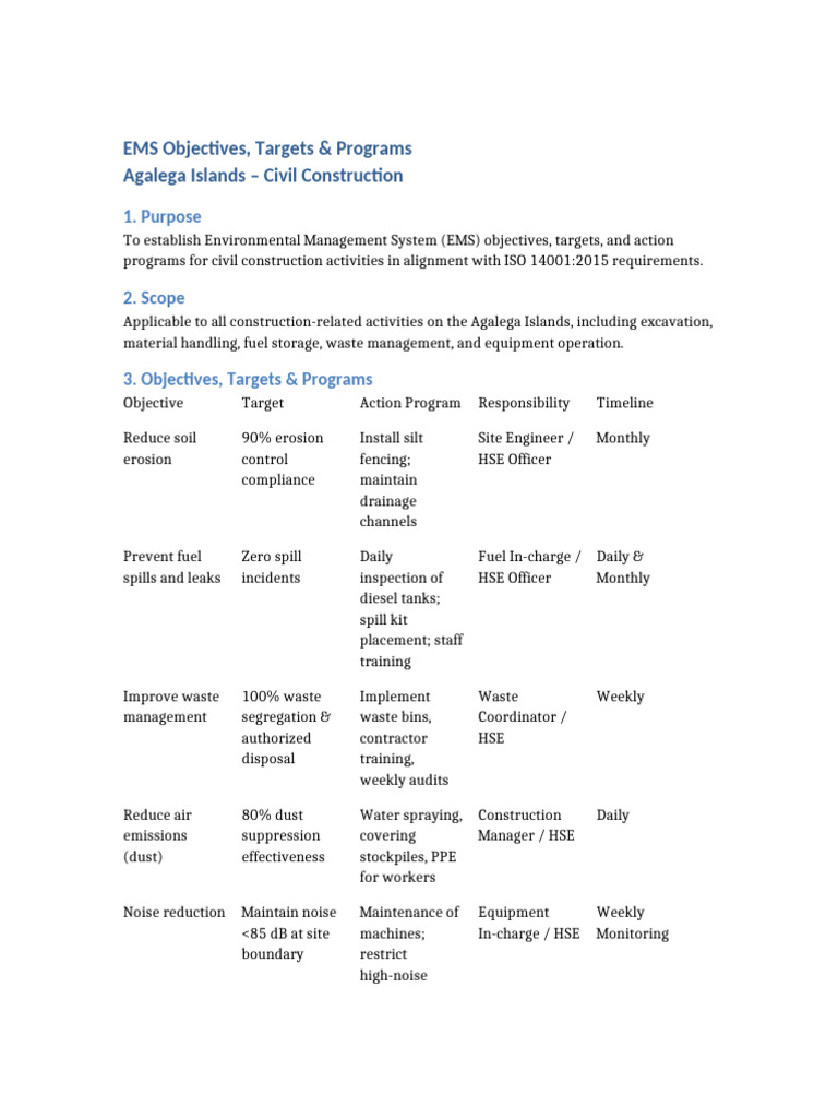EMS Objectives Targets Programs Agalega | PDF
