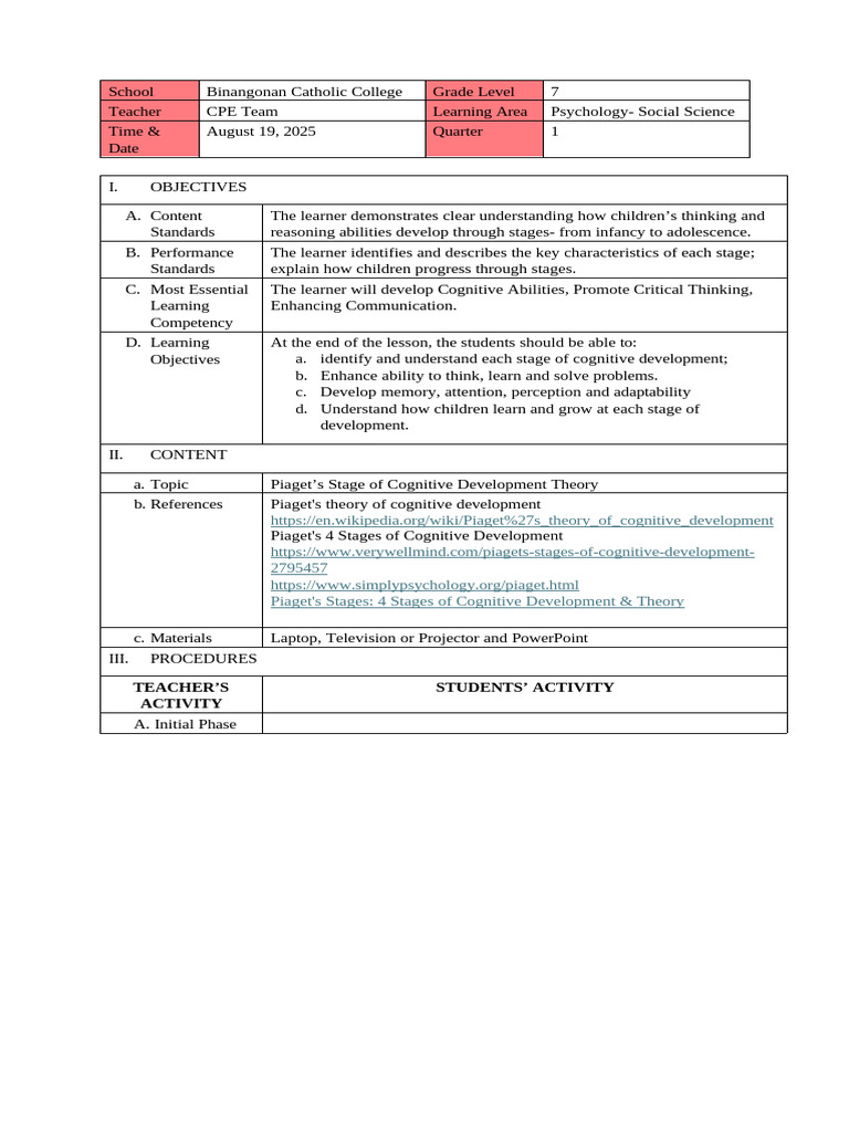 CPE Piagets Cognitive Theory LESSON PLAN (Motivational) | PDF ...