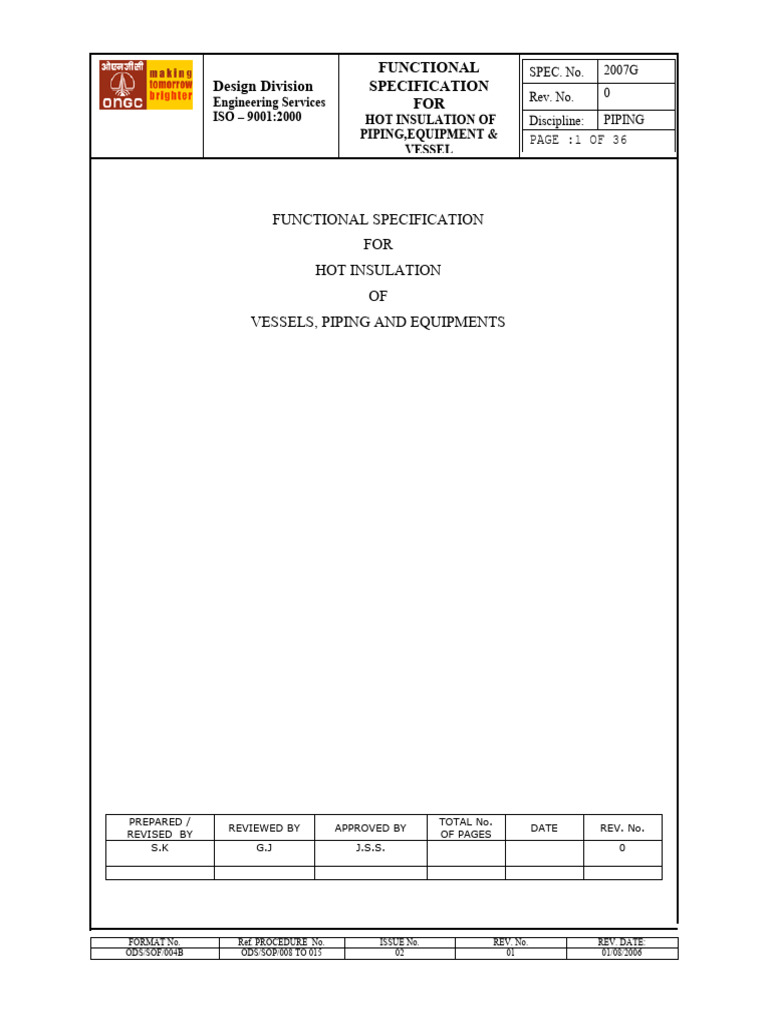 Functional Specification for Hot Insulation | PDF | Pipe (Fluid ...