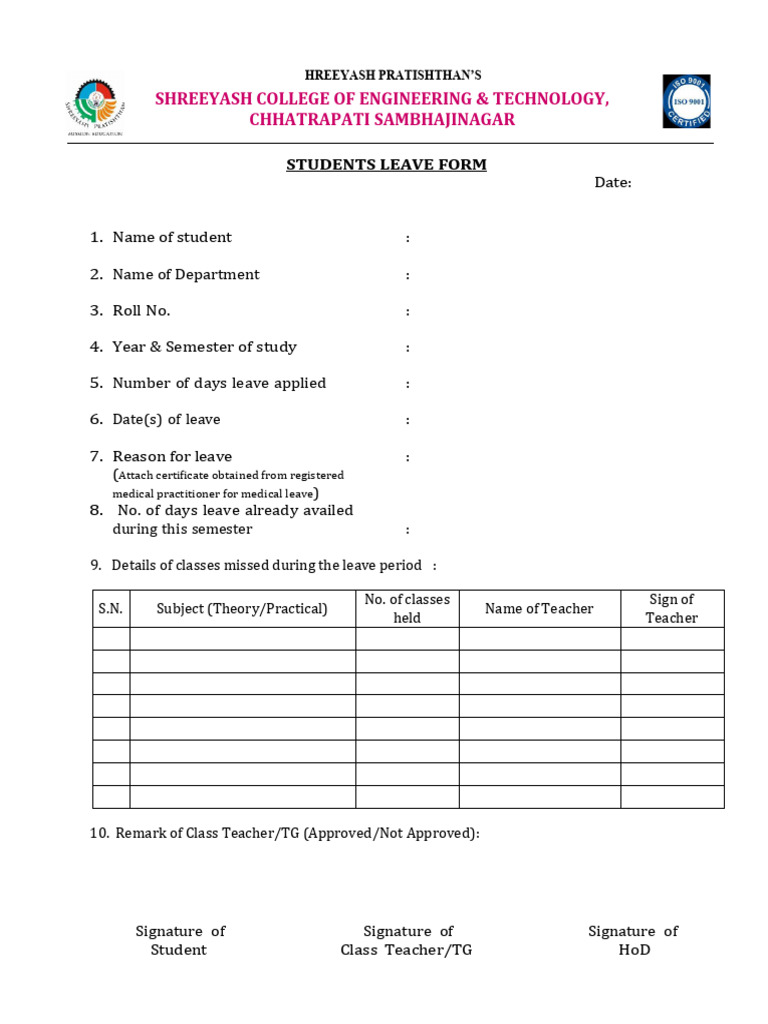 Shreeyash College Leave Application Form | PDF
