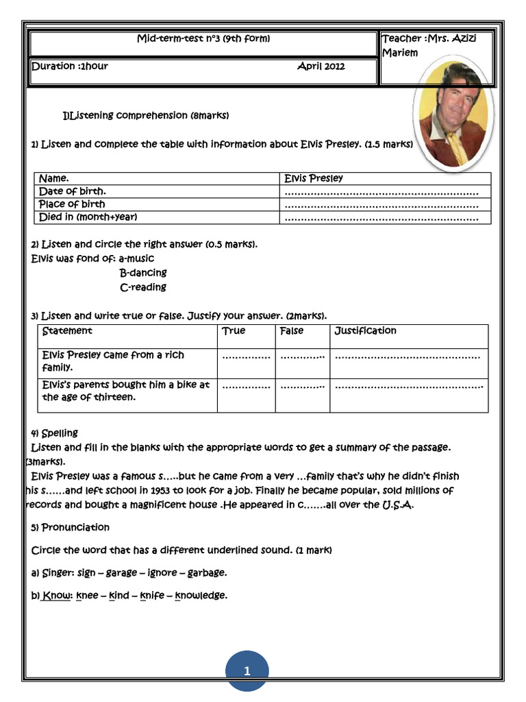 Devoir de Contrôle N°3 - Anglais - 9ème (2011-2012) Mme Mariem Azizi | PDF