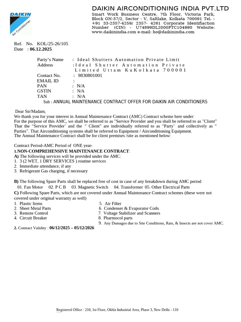 Daikin AMC Offer for Air Conditioners | PDF | Air Conditioning ...