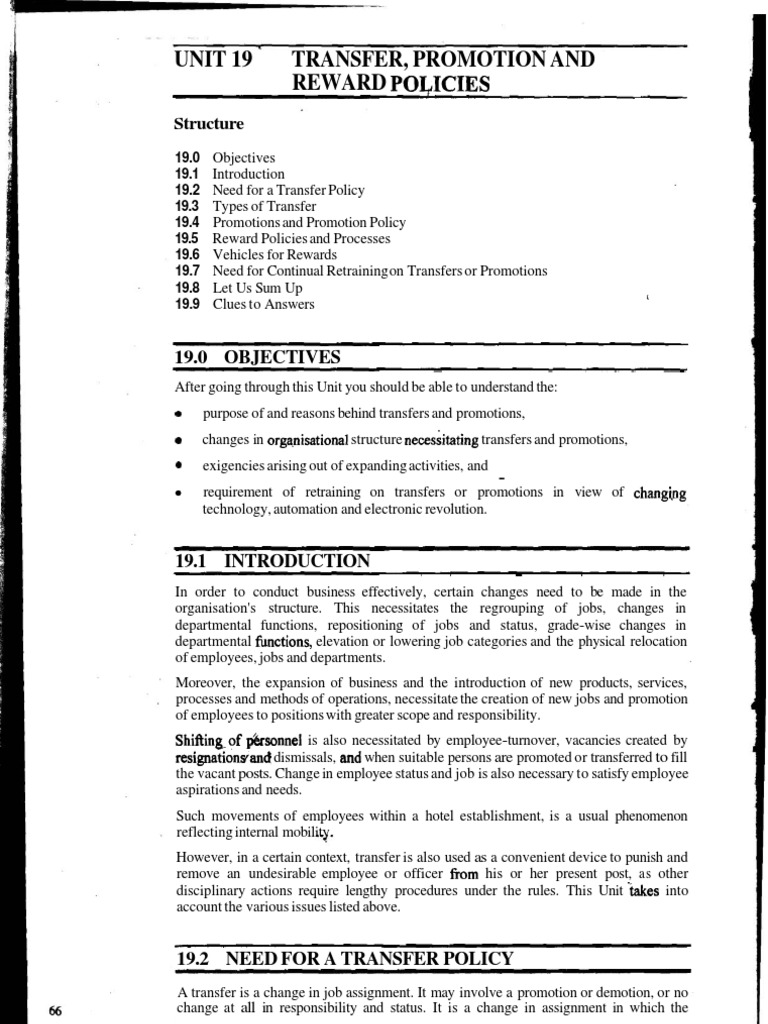 Unit 19 Transfer, Promotion and Reward Poijcies: Structure | PDF ...