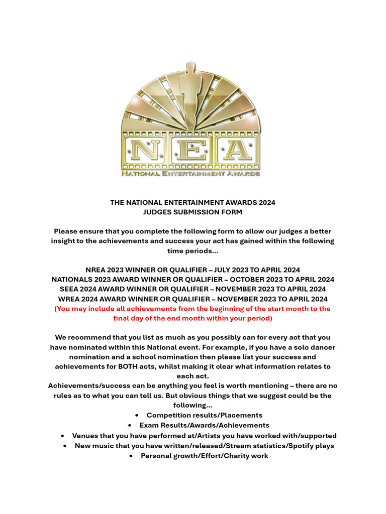 Judges Submission Form for NEA 2024 | PDF