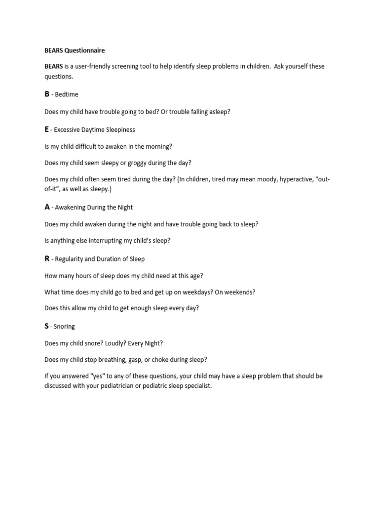 BEARS Questionnaire for Child Sleep Issues | PDF