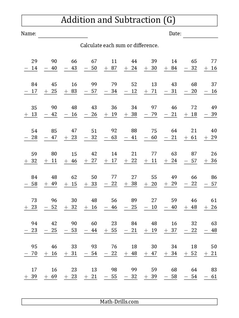 Addition Subtraction 2digit 100questions Sumsto099 007qp.1487874798 | PDF