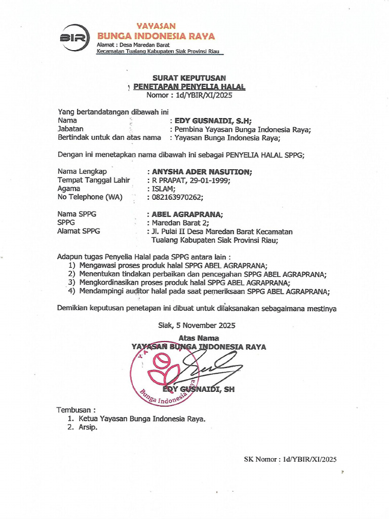 SK Penyelia Halal Yayasan Bunga Indonesia Raya | PDF