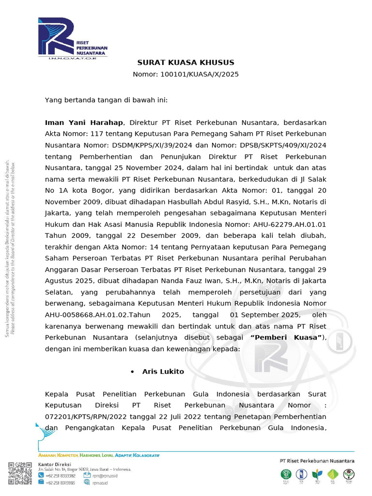Surat Kuasa Khusus Keterangan Kelayakan Teknis Mutu Benih Sumber[1] | PDF