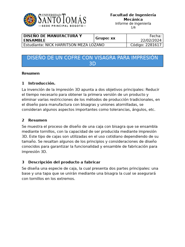 NICK MEZA - PROYECTO 1 DMFE | PDF | Tornillo | Impresión 3d