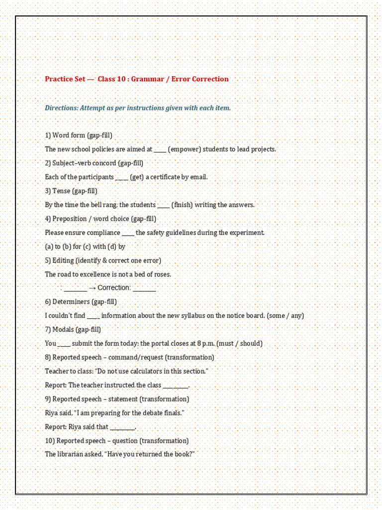 Practice Set Class 10: Grammar / Error Correction: Directions: Attempt ...