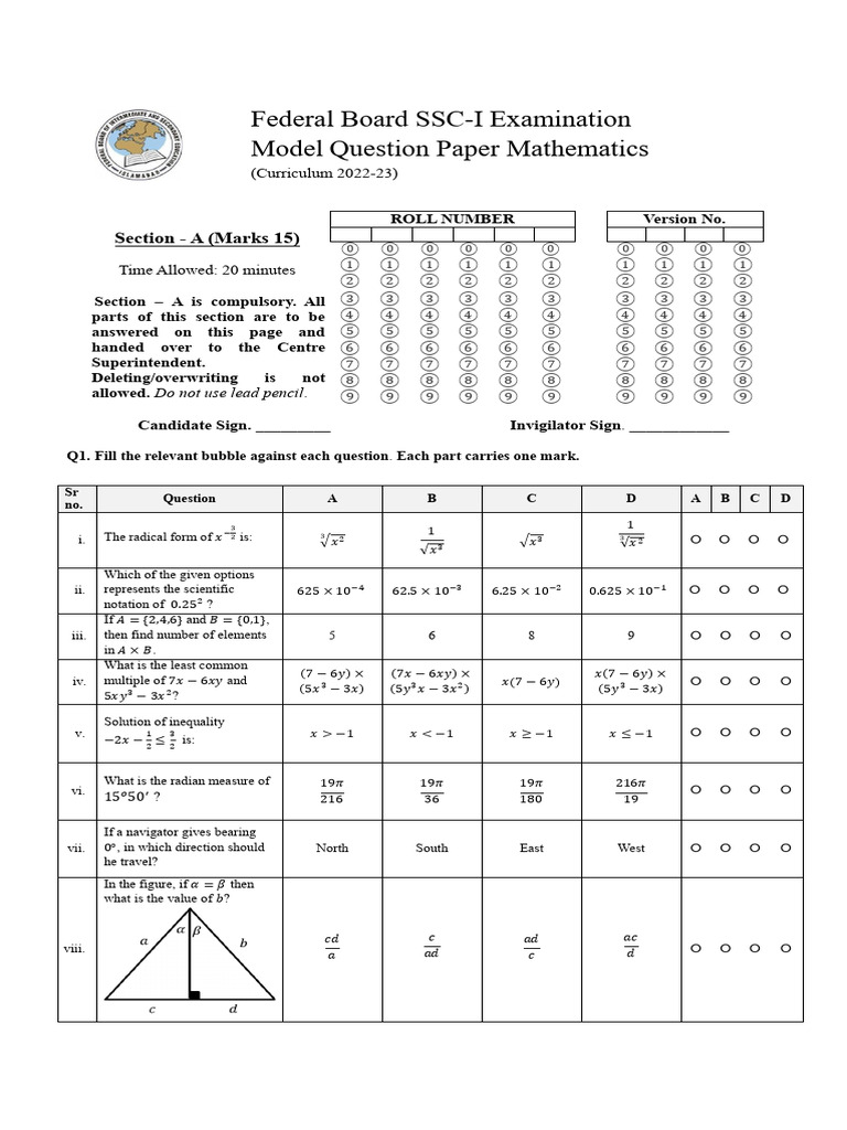 Extracted Final Assessment Framework Model Question Paper Mathematics ...