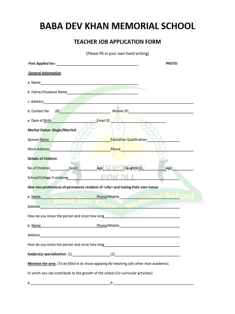 Teacher Application Form | PDF
