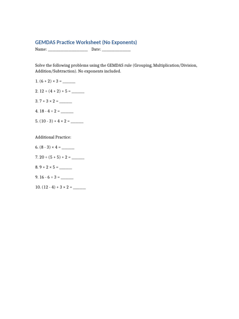 GEMDAS Practice Problems No Exponents Updated | PDF