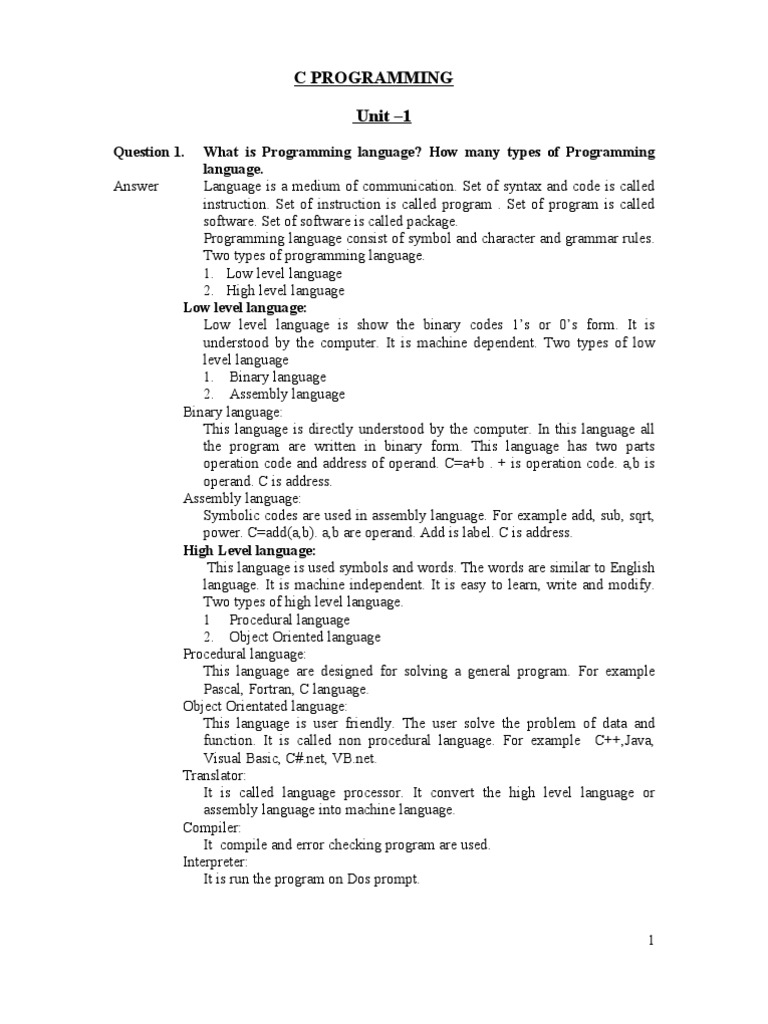 C Programming Unit 1 What Is Programming Language How Many Types Of 5138