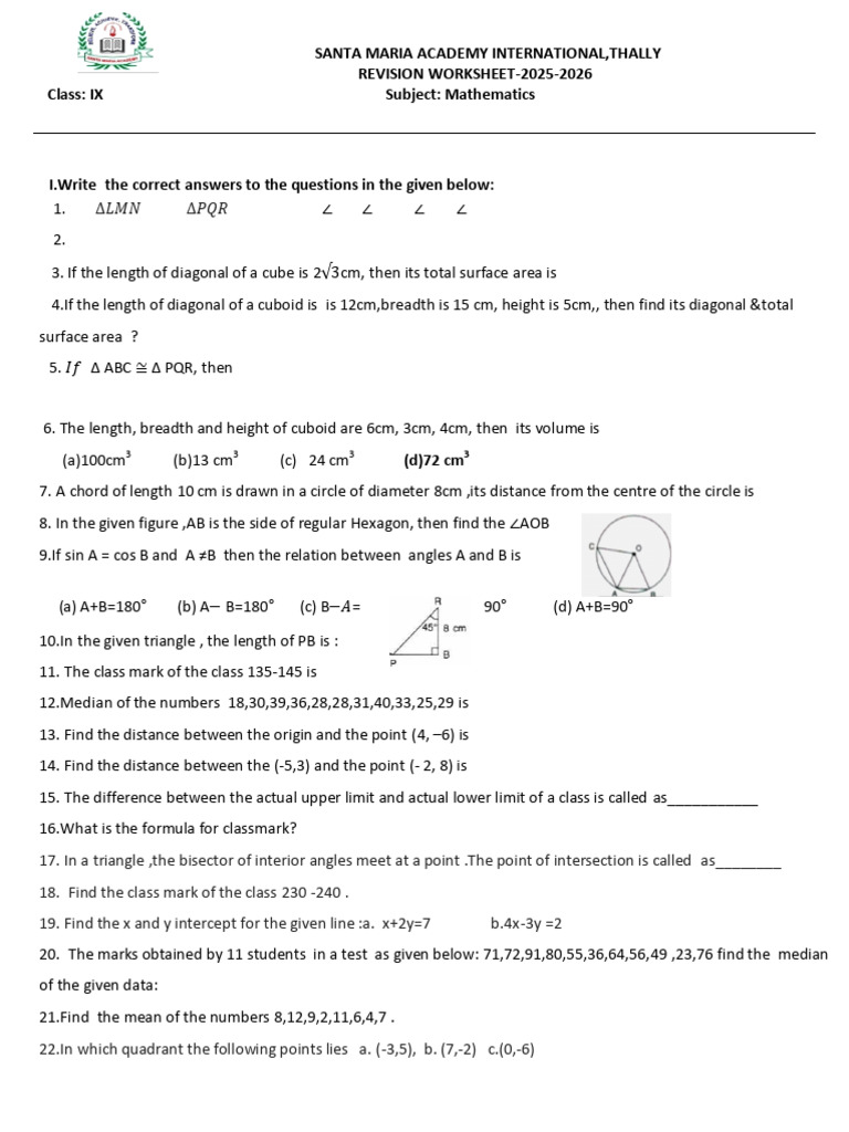 Class IX Mathematics Revision Worksheet | PDF | Mean | Area