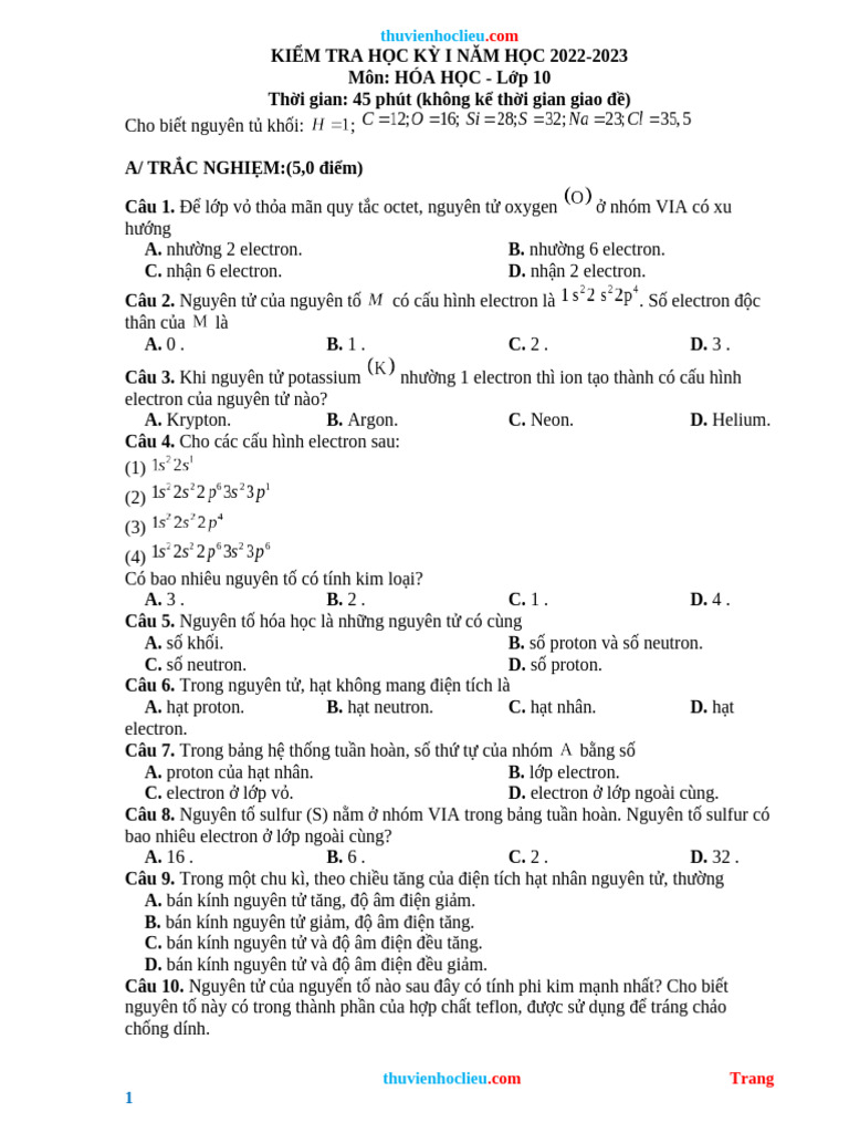 Thuvienhoclieu.com de Thi HK1 Hoa 10 CTST 22 23 | PDF
