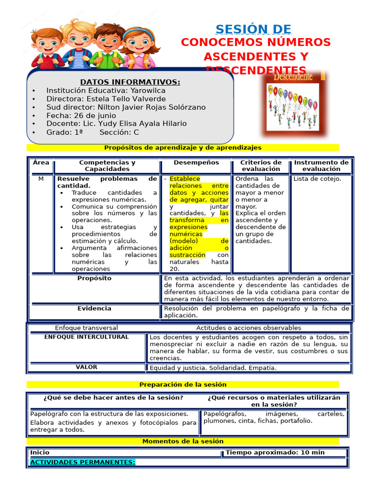 1° Sesión Día 4 Mat Conocemos Números Ascendentes y Descendentes | PDF ...
