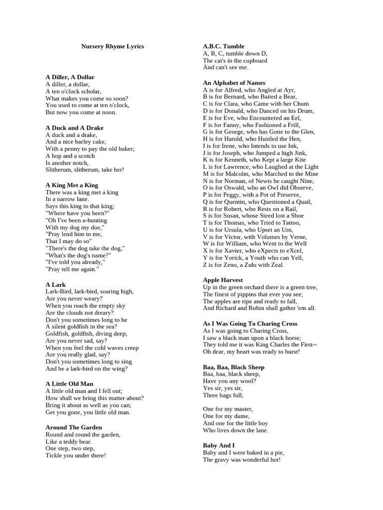 Classic Nursery Rhyme Lyrics Collection | PDF