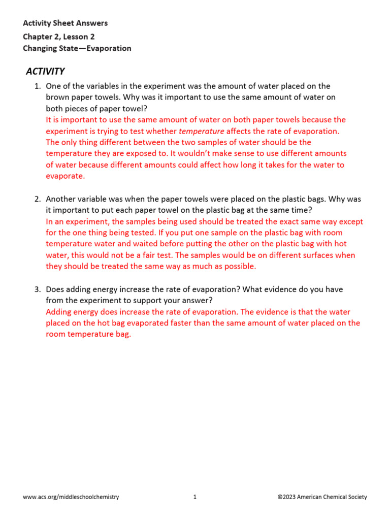 Evaporation Experiment Activity Answers | PDF | Evaporation | Water