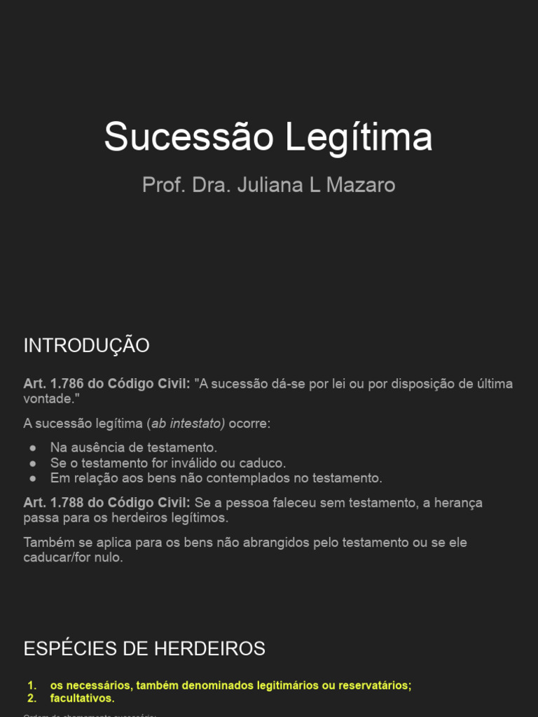 Sucessão Legítima: Herdeiros e Regras | PDF | Testamento | Herança