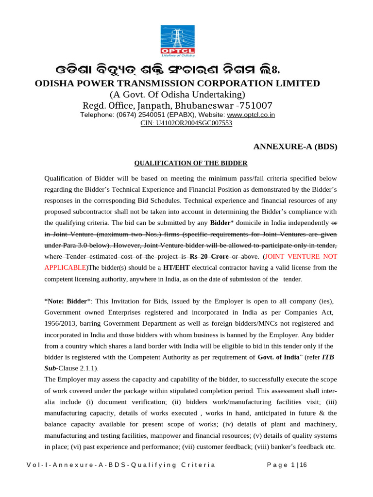 04-Annexure-A (BDS) - Qualification of Bidder - OPTCL | PDF | Joint ...