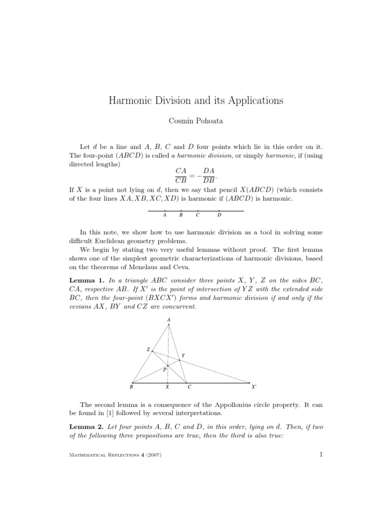 Harmonic Division and Its Applications: Cosmin Pohoata | PDF | Triangle ...