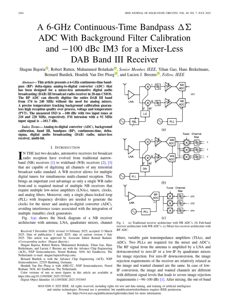 A 6-GHz Continuous-Time Bandpass ADC With Background Filter Calibration and 100 DBc IM3 for a ...