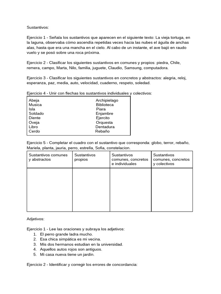 Ejercicios de Sustantivos y Adjetivos | PDF