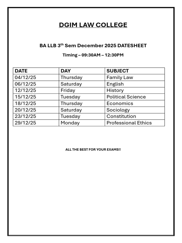 BA LLB 3rd Sem Datesheet | PDF
