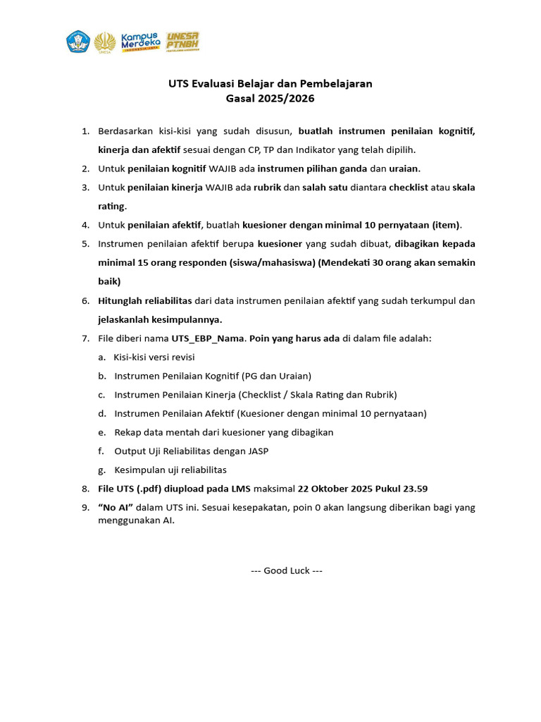 UTS Evaluasi Belajar Dan Pembelajaran_Gasal 2025-2026 (1) | PDF