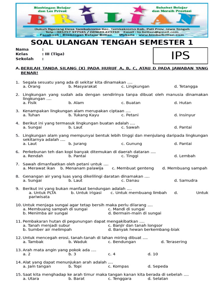 Soal UTS IPS Kelas 3 SD Semester 1 Dan Kunci Jawaban (Www.bimbelbrilian.com) | PDF
