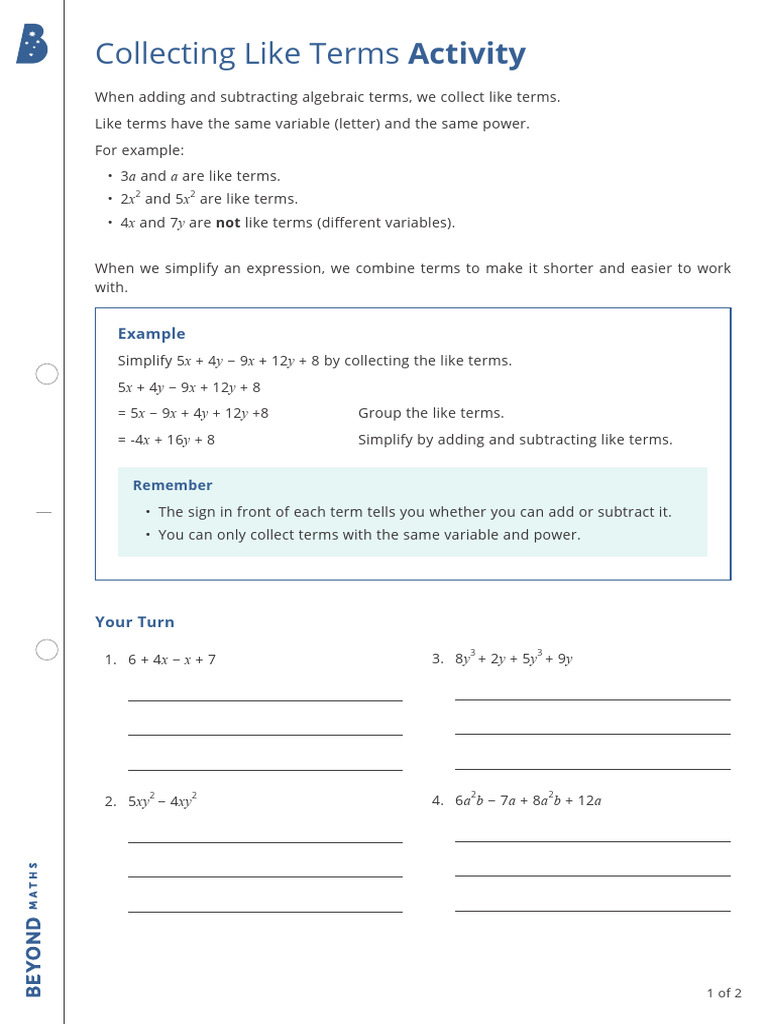 Collecting Like Terms Worksheet | PDF | Chess Theory | Chess Openings