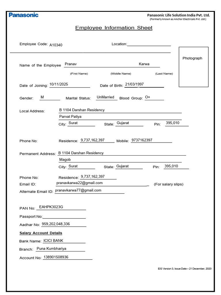 Employee Information Sheet (Eis) | PDF