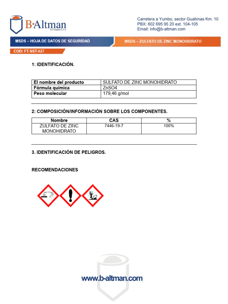 MSDS Sulfato de Zinc Monohidratado | PDF | Toxicidad | Higiene Ocupacional