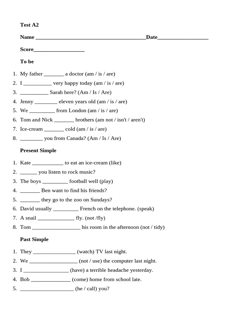English Grammar Test A2 Worksheet | PDF | Linguistics