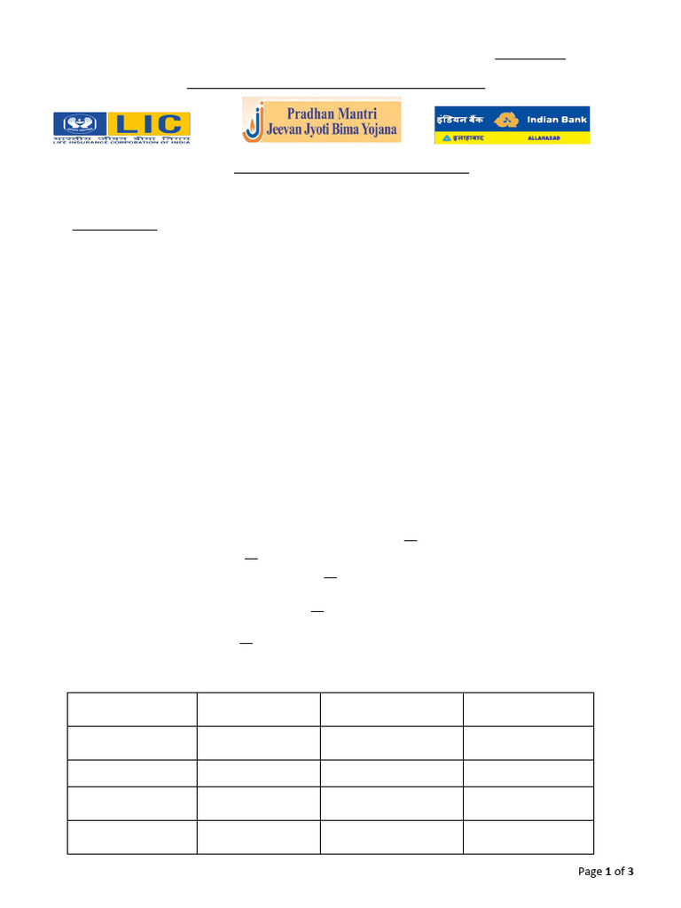 PMJJBY Enrollment Form | PDF | Insurance | Life Insurance