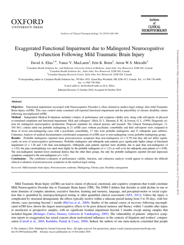 Exaggerated Functional Impairment Due to Malingered Neurocognitive ...